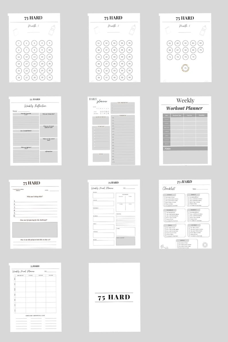 75 HARD Tracker Printable Bundle, 75 HARD Challenge, 75 Day Challenge ...