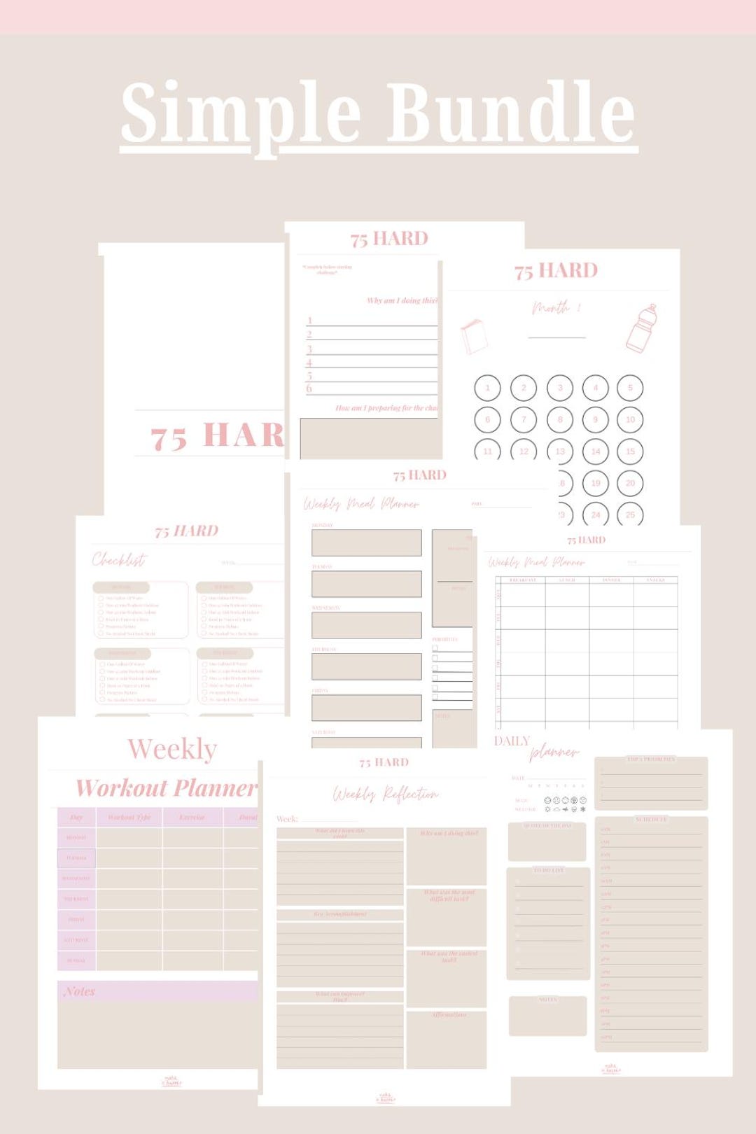 75 HARD Tracker Printable Bundle, 75 HARD Challenge, 75 Day Challenge ...