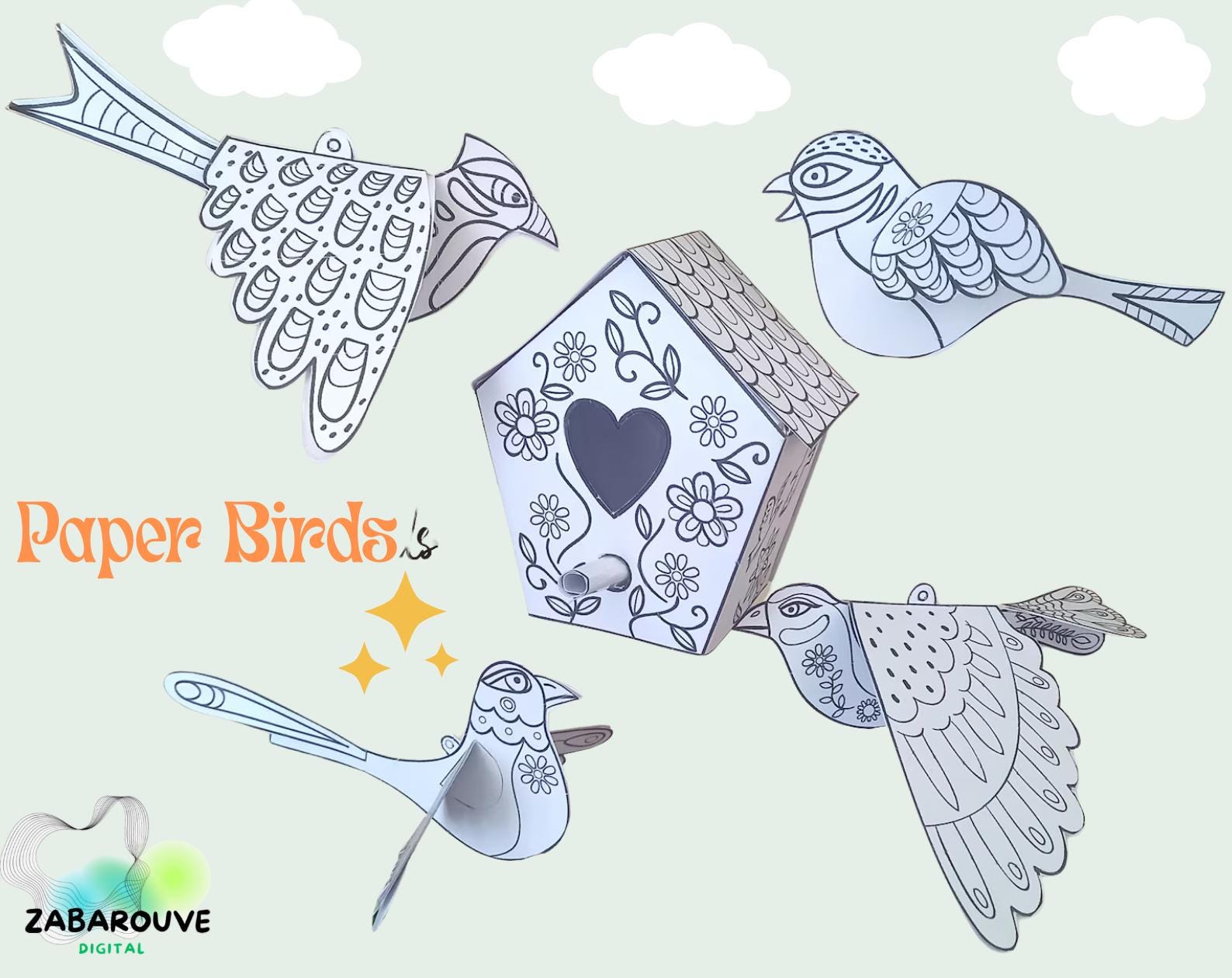 3D Bird and Birdhouse Paper Craft SVG | Kids DIY Activity | Printable ...