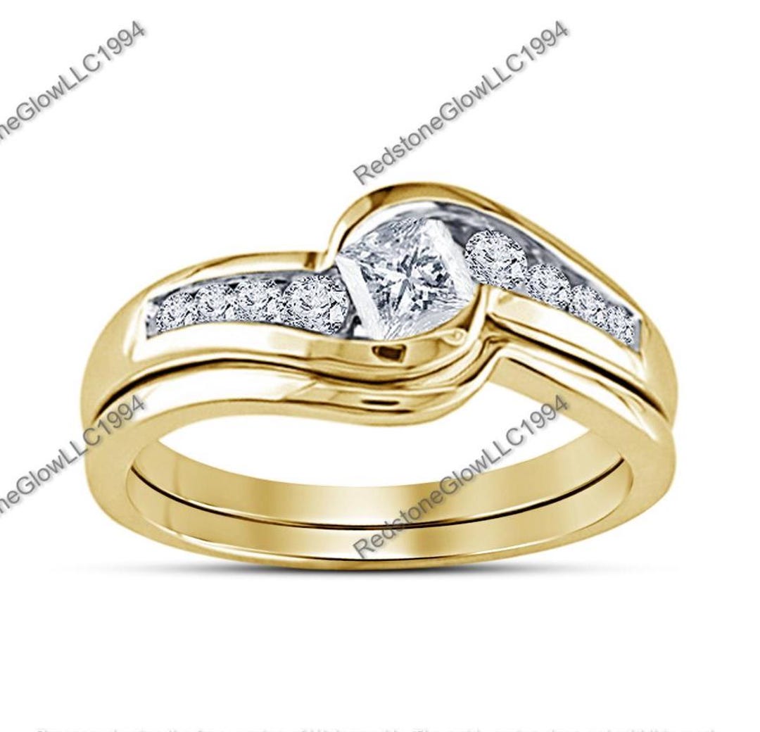 Princess Cut Moissanite Bypass Bridal Ring Set, 14K Yellow Gold Plated ...