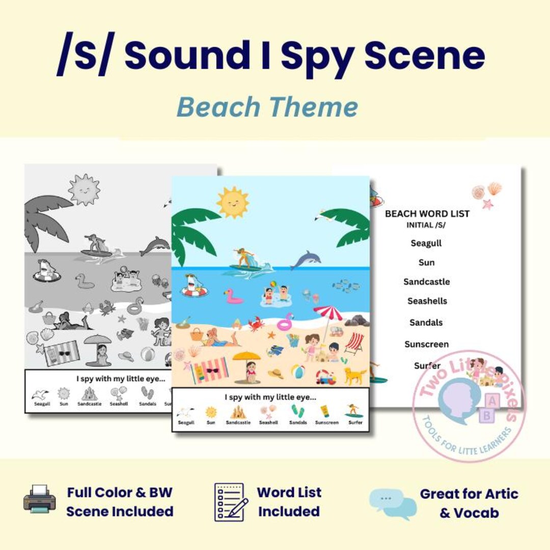 Beach I Spy Game | Initial /S/ Sound Printable for Speech Therapy ...