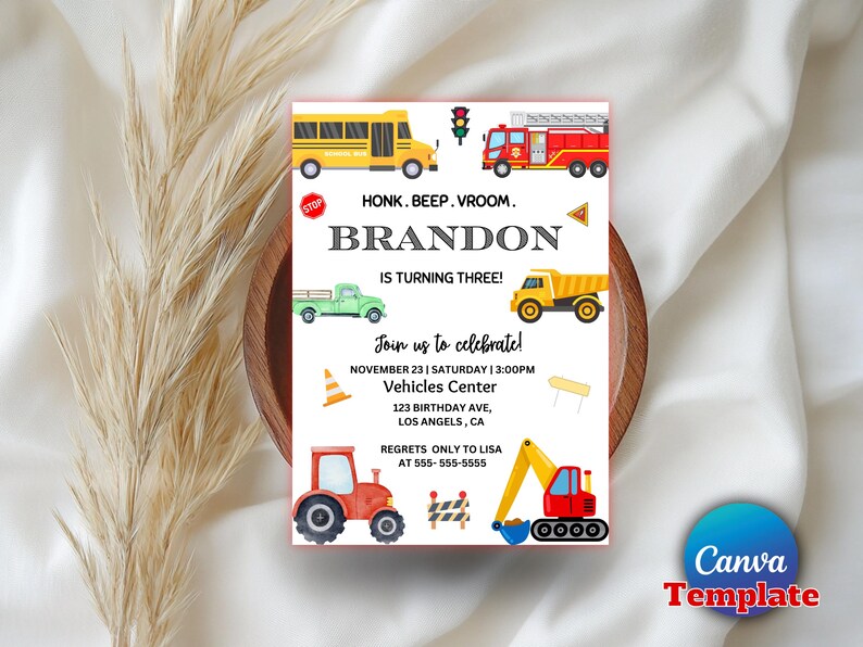 Editable Transportation Birthday Invitation, Car & Truck Evite, Canva ...
