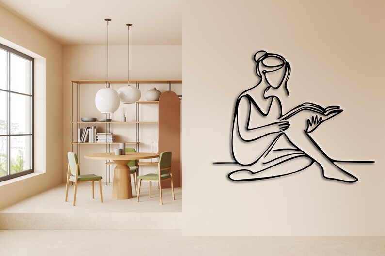 Minimalist Metal Line Art: Reading Woman Silhouette - Defny Atelier - Etsy