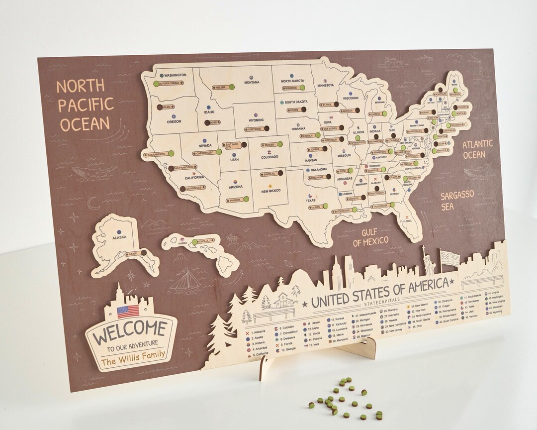 LEMAP State Capitals Wooden Map – Wall Map of USA With Cities / United ...