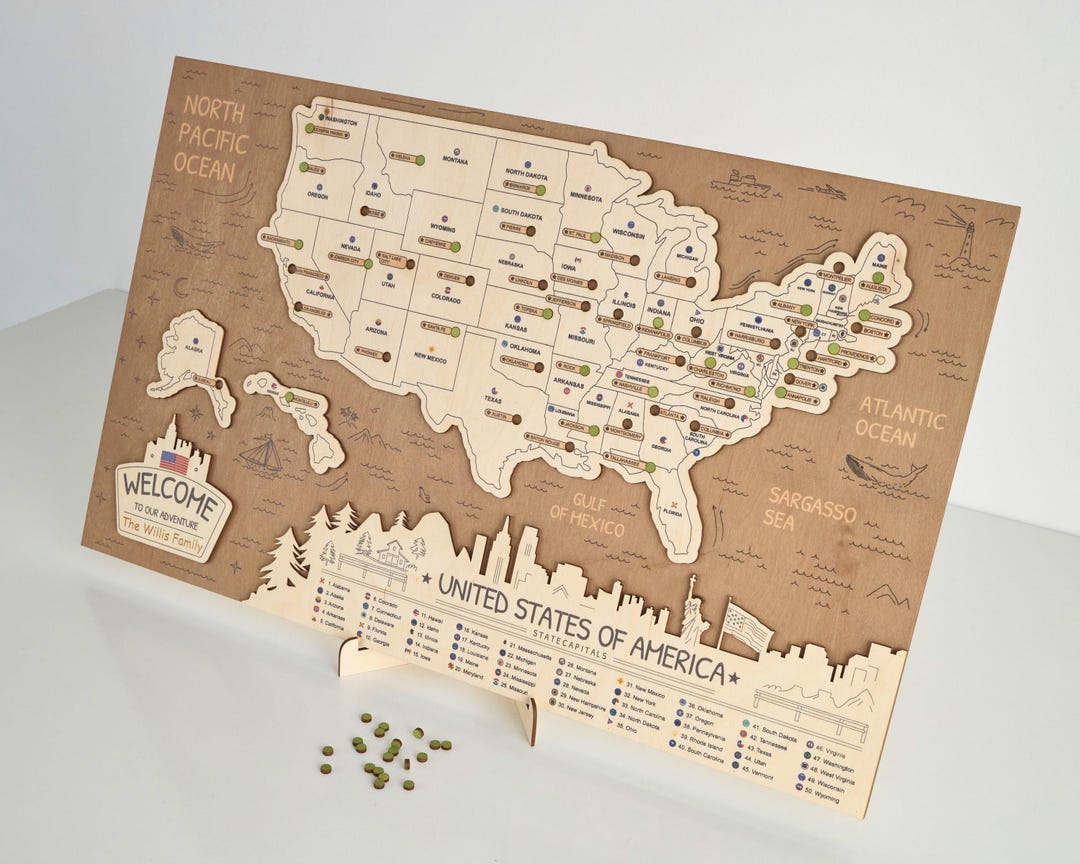 Handmade Wooden US State Capitals Travel Map: Brown Baltic Birch (24x15 ...