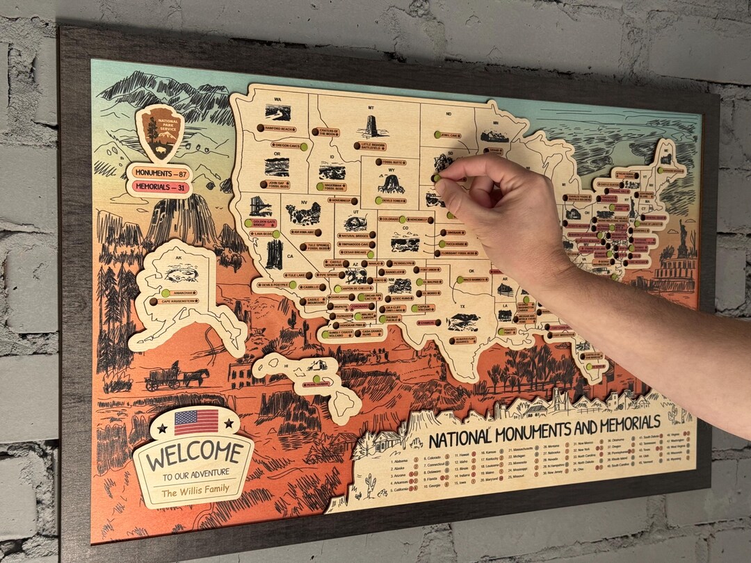 US National Monuments Wooden Travel Map With Pins, Adventure Memory ...