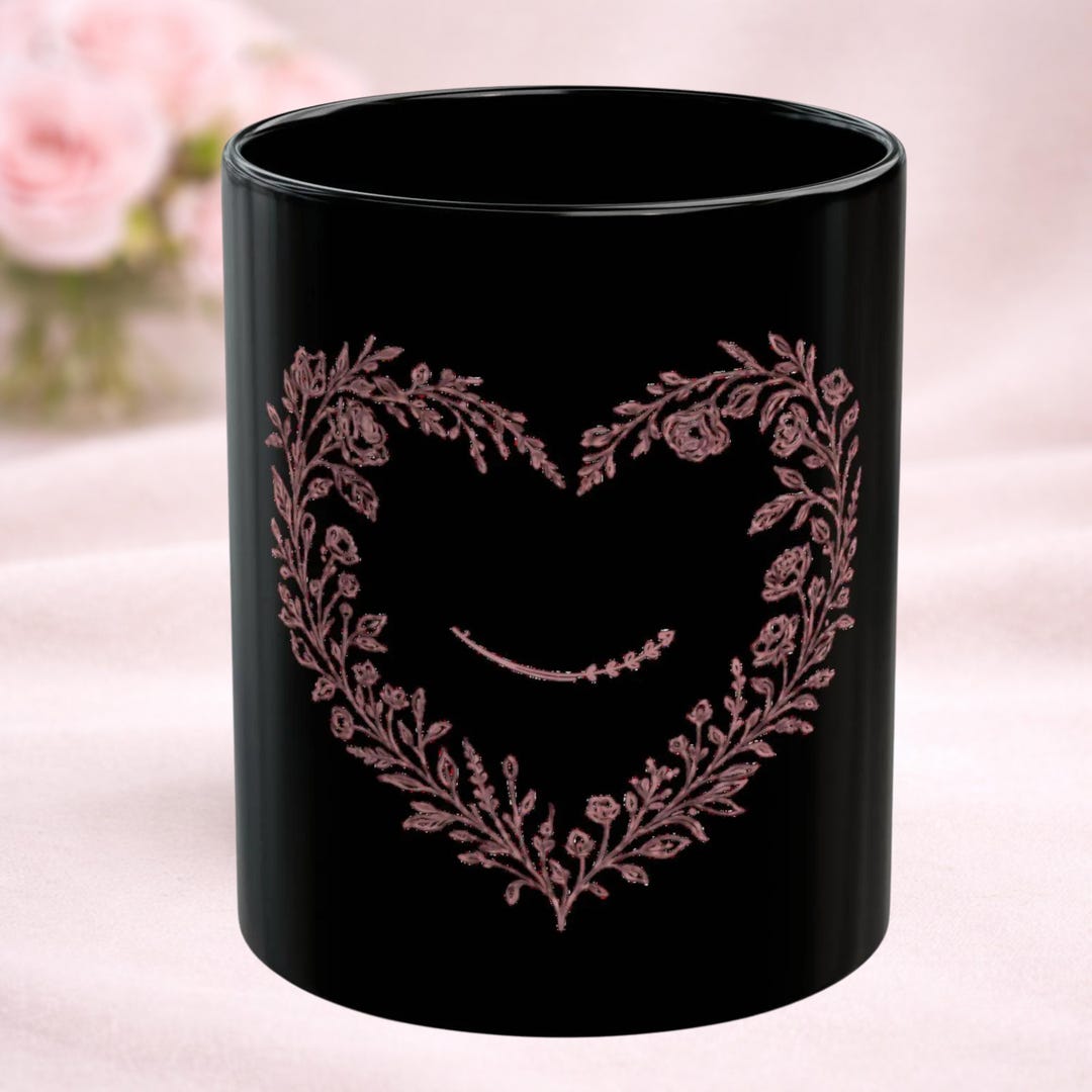 Romantic Black Mug for Couples Floral Heart Line Art Coffee Mug ...