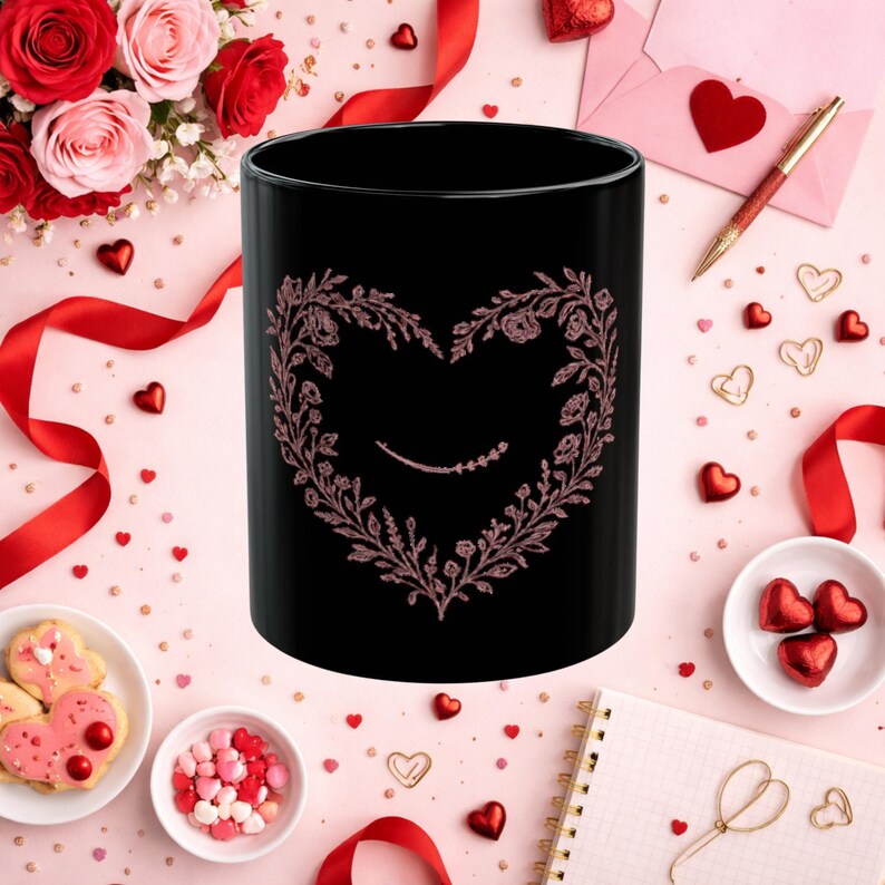 Romantic Black Mug for Couples Floral Heart Line Art Coffee Mug ...