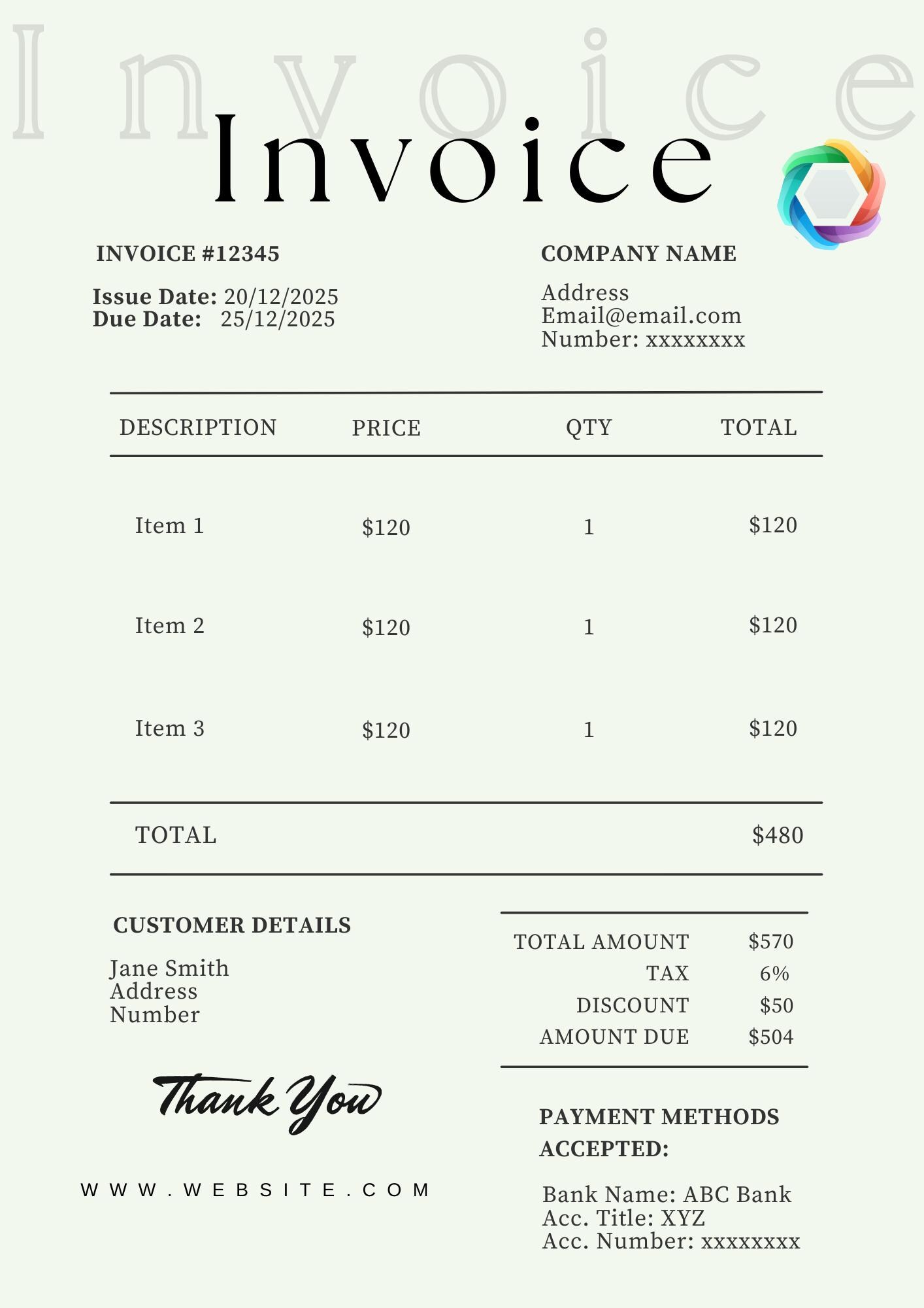 Minimalist Billing Invoice Template, Professional Small Business ...