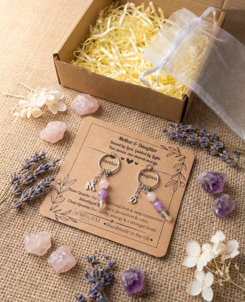 Mother Daughter Keychain Set, Rose Quartz Amethyst Crystal Keepsake ...