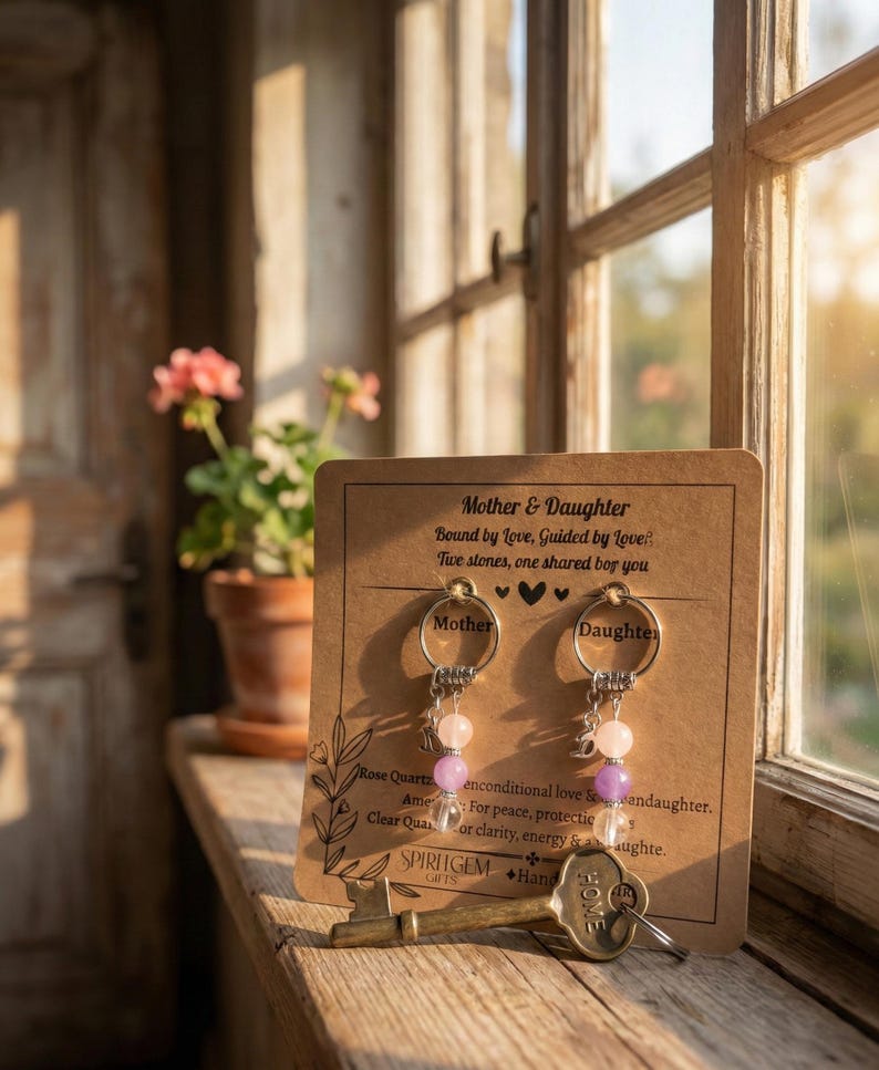 Mother Daughter Keychain Set, Rose Quartz Amethyst Crystal Keepsake ...