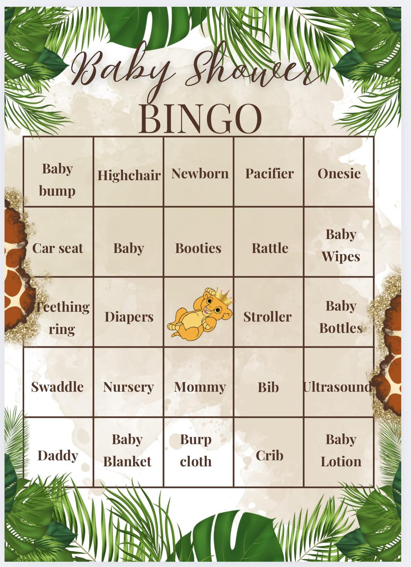 Safari Baby Shower Bingo Game: Watercolor Lion King Theme (digital ...