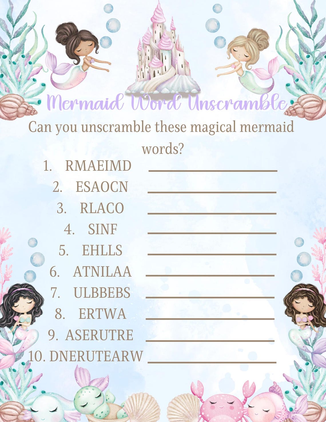 Mermaid Word Unscramble Game Printable | Under the Sea Party Game ...