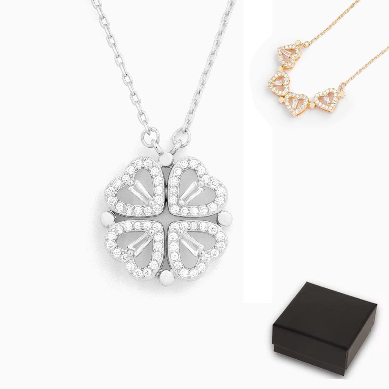 Four Heart Leaf Clover Pendant Necklace, Openable Lucky Charm Choker ...