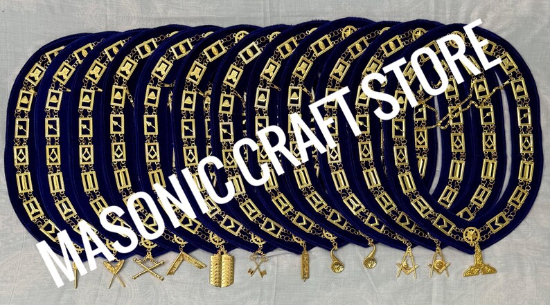 Masonic Blue Lodge Officer Collars Set: Gold-plated Jewels, Blue Velvet ...