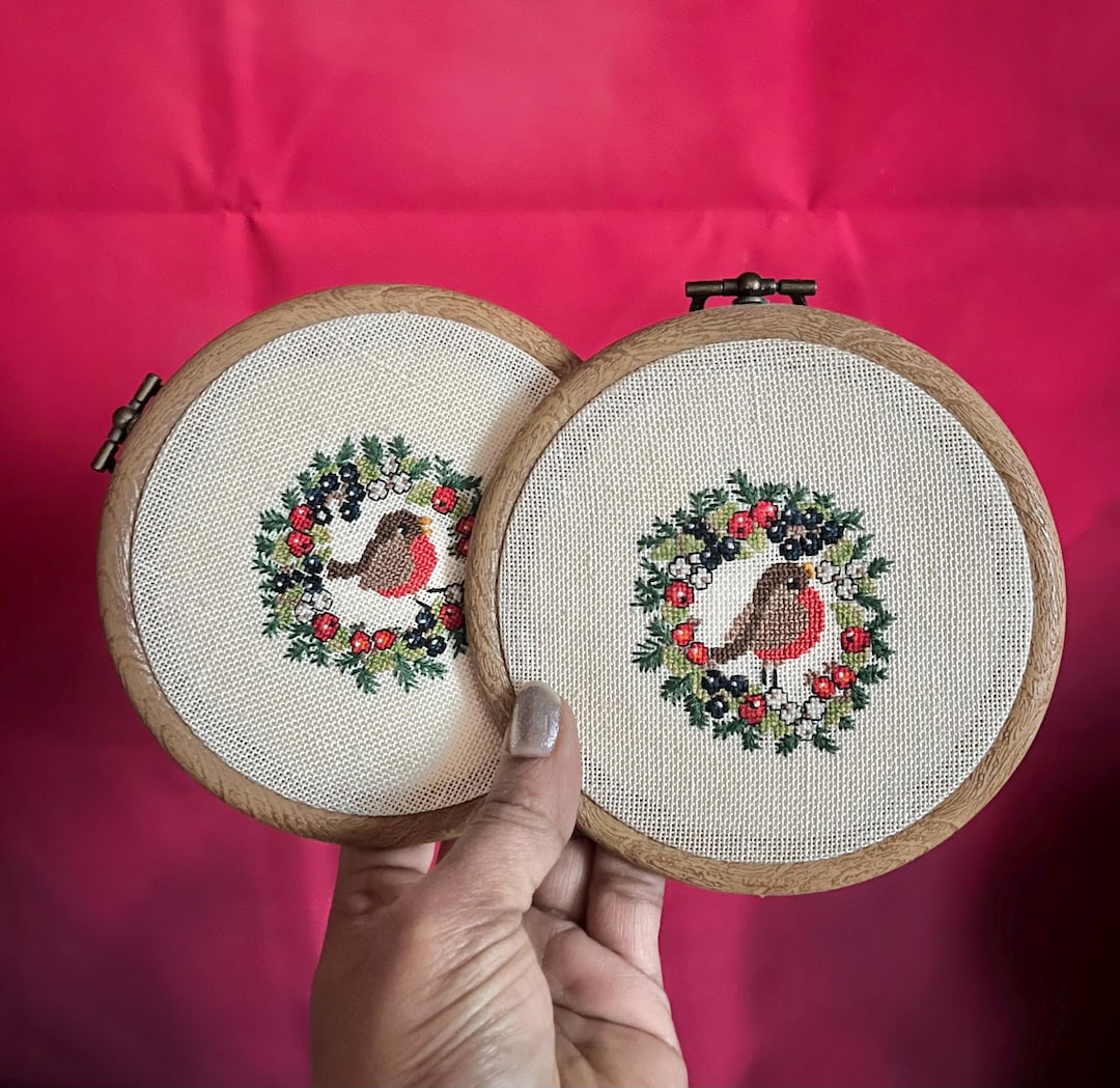 Vintage Robin Needlepoint Hoop Art Set of 2 | Woodland Bird Embroidery ...