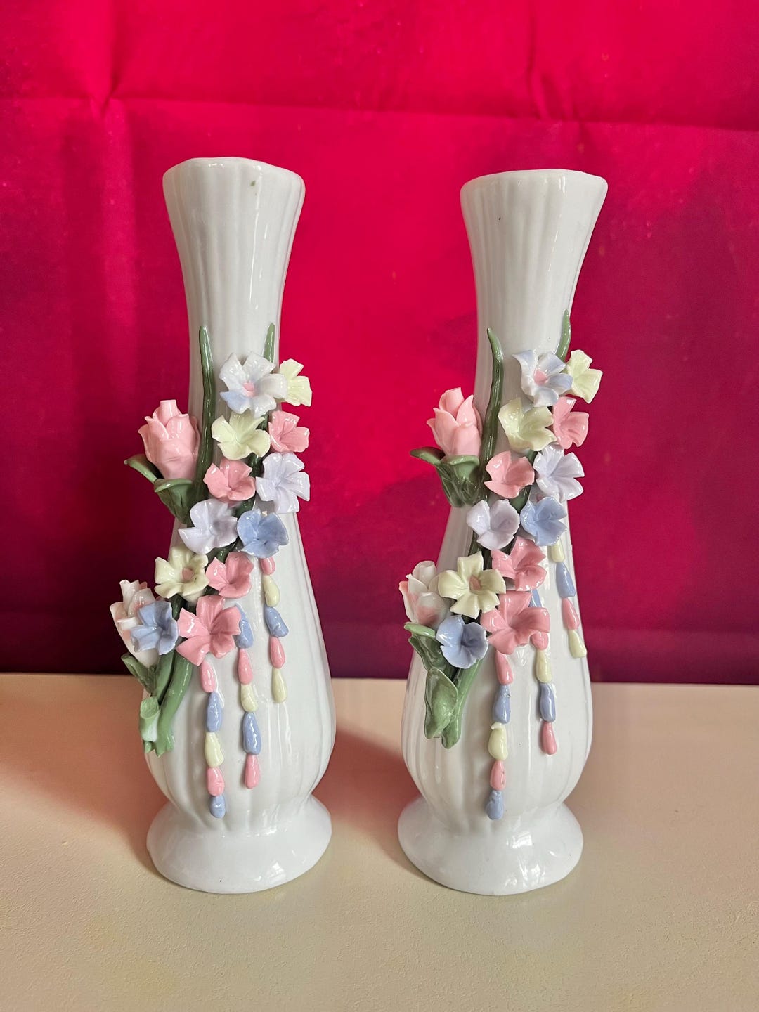 Vintage Ceramic Bud Vase Pair With Pastel Flowers | White Porcelain ...