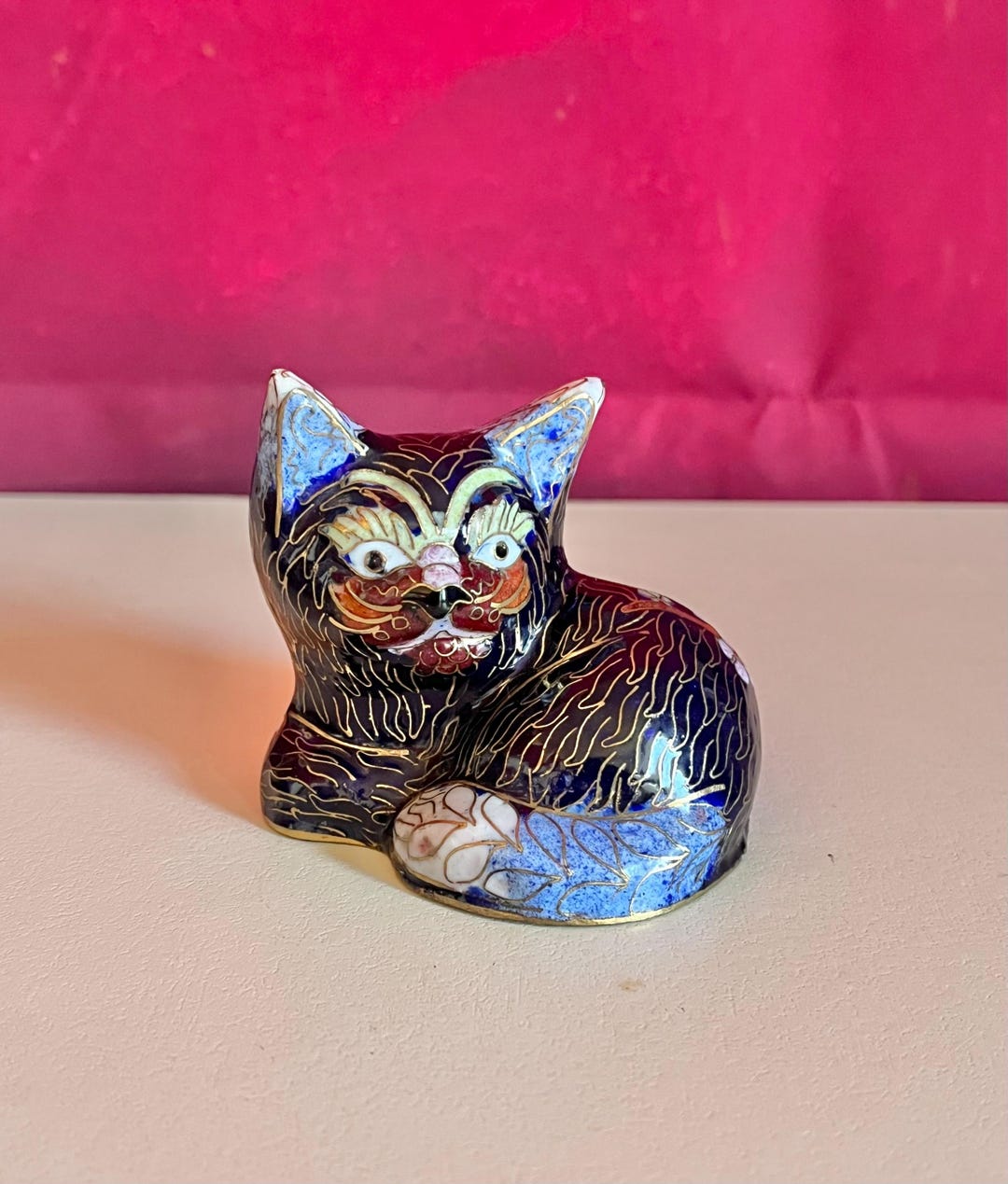 Vintage Cloisonné Cat Figurine | Enamel Cat Ornament | Hand Decorated ...