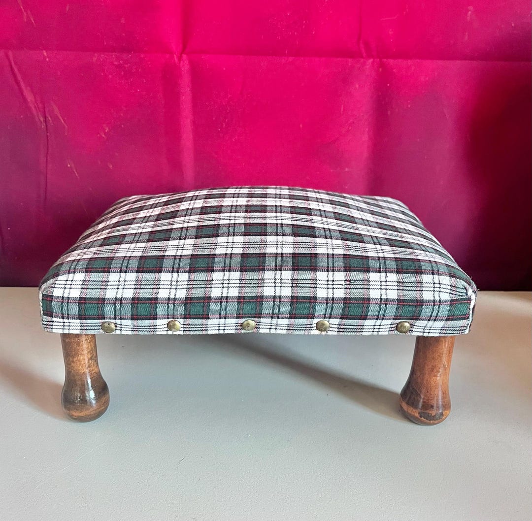 Vintage Plaid Footstool With Wooden Legs & Gold Coloured Studs – Small ...