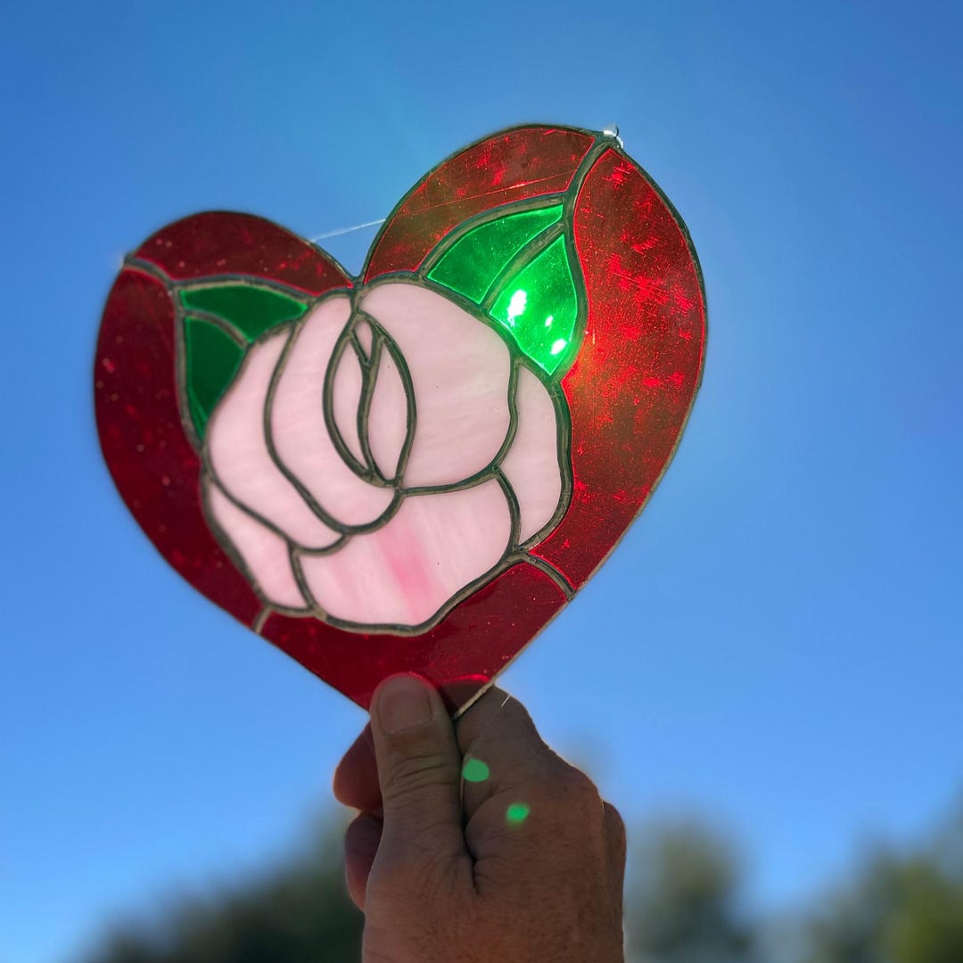 Red Rose Heart Stained Glass | Handmade Floral Heart Suncatcher ...