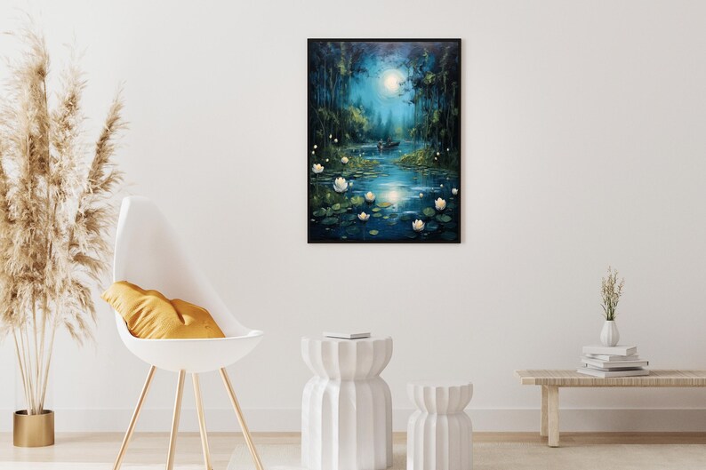 Moonlit Swamp Art Print With Full Moon & Water Lilies, Serene Boat ...