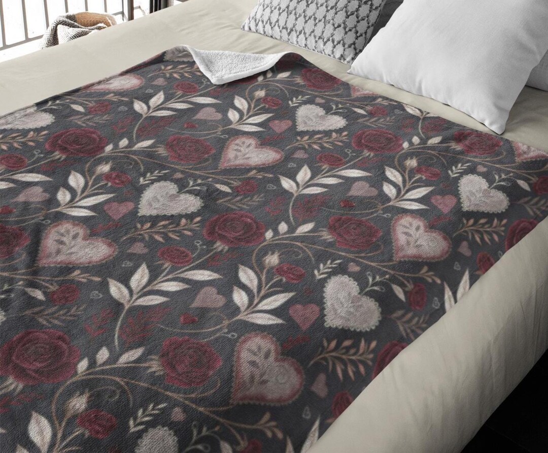 Valentine Rose Heart Pattern Throw, Velveteen Cottagecore Love Blanket ...