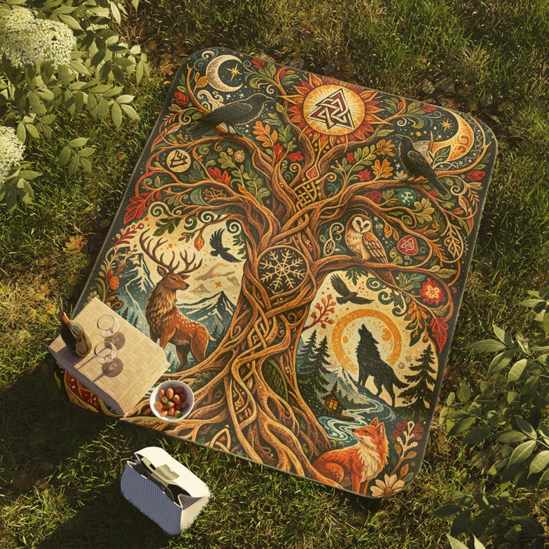 Yggdrasil Tree of Life Picnic Blanket, Nordic Woodland Outdoor Mat ...