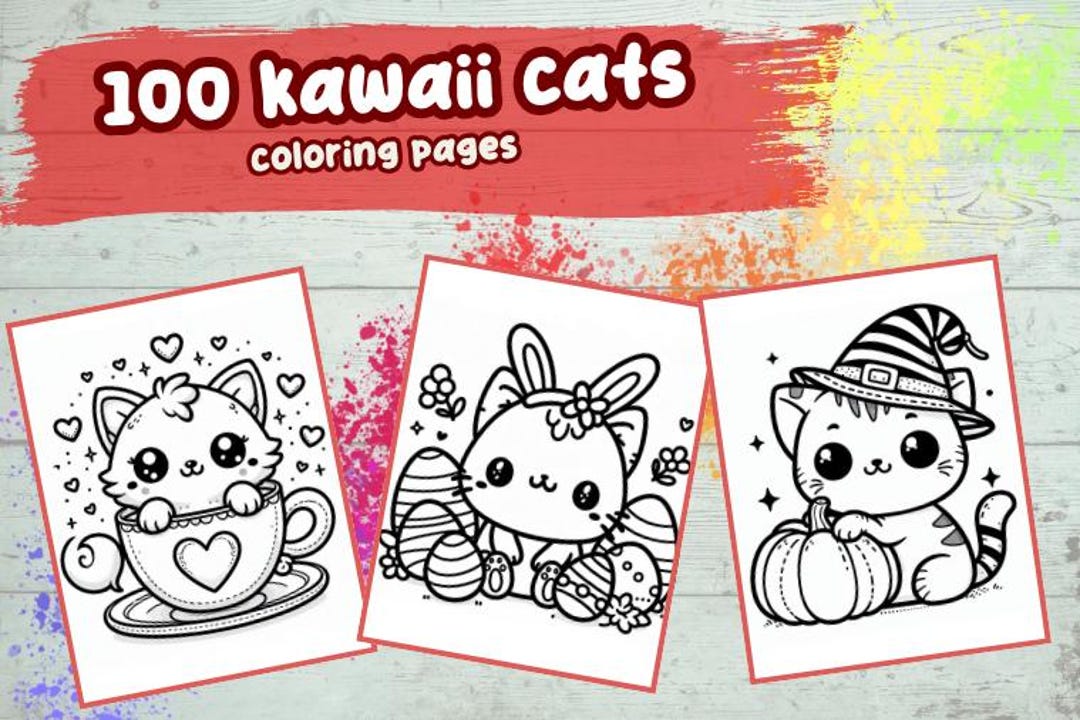 100 Kawaii Cats Coloring Pages / for Kids & Adults / Digital Download ...