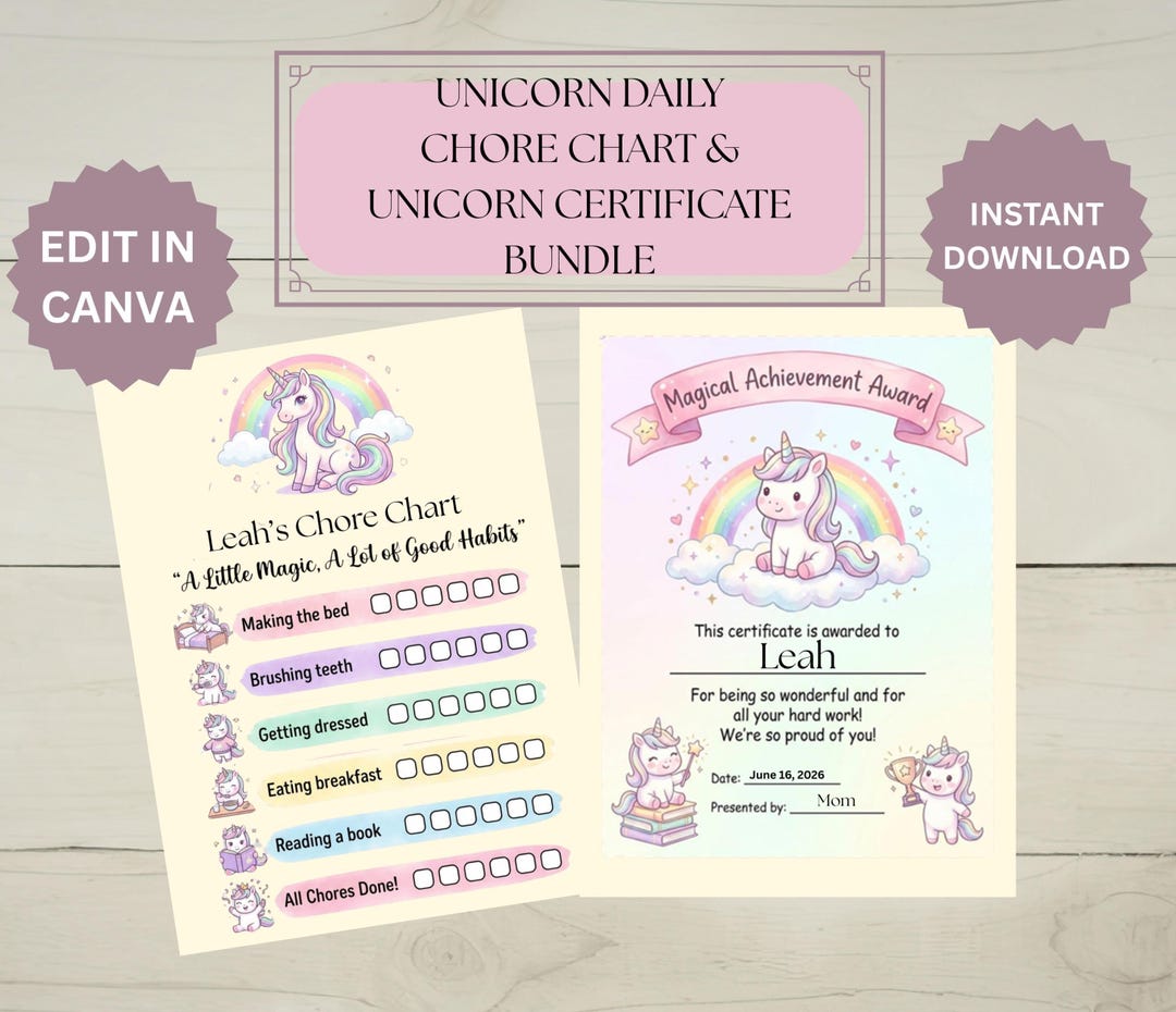 Unicorn Kids Chore Chart Printable&reward Certificate Responsibility ...
