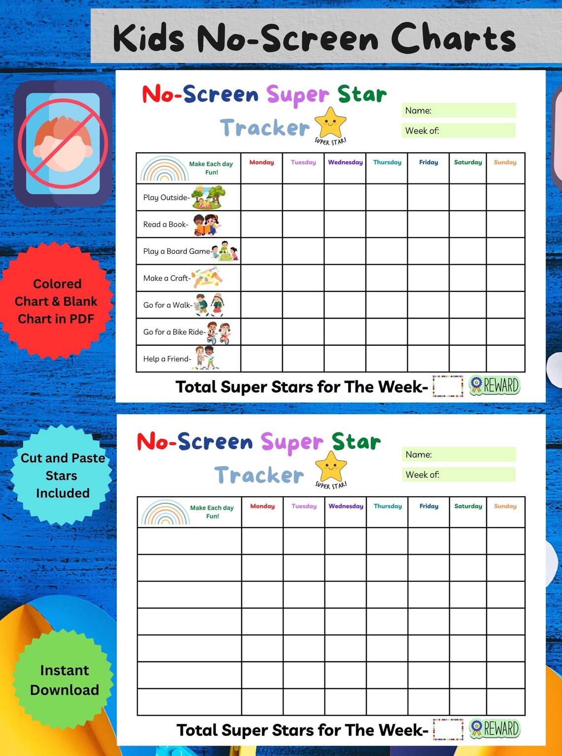 Kids No-screen Tracker Charts: Printable Checklist Bundle (PDF Download ...