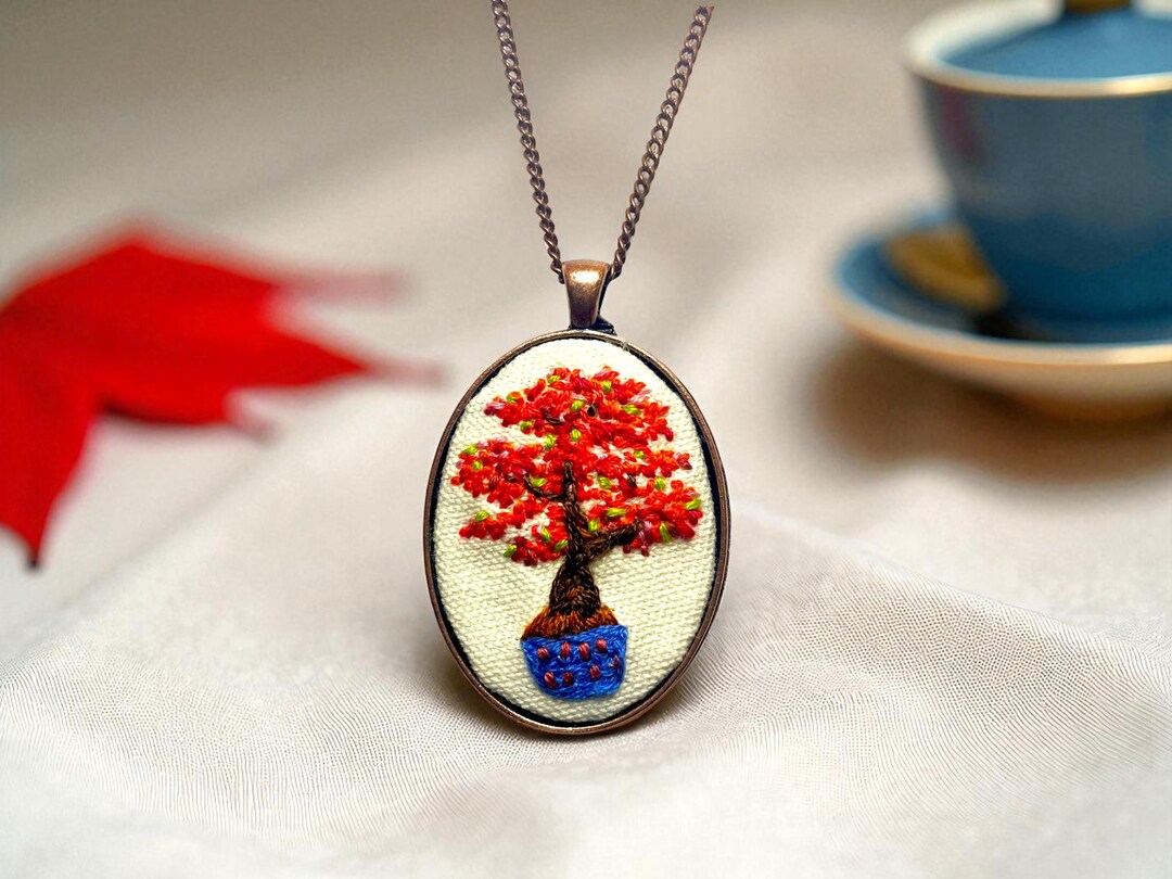 Embroidered Bonsai Tree Necklace – Handcrafted Textile Jewelry - Etsy