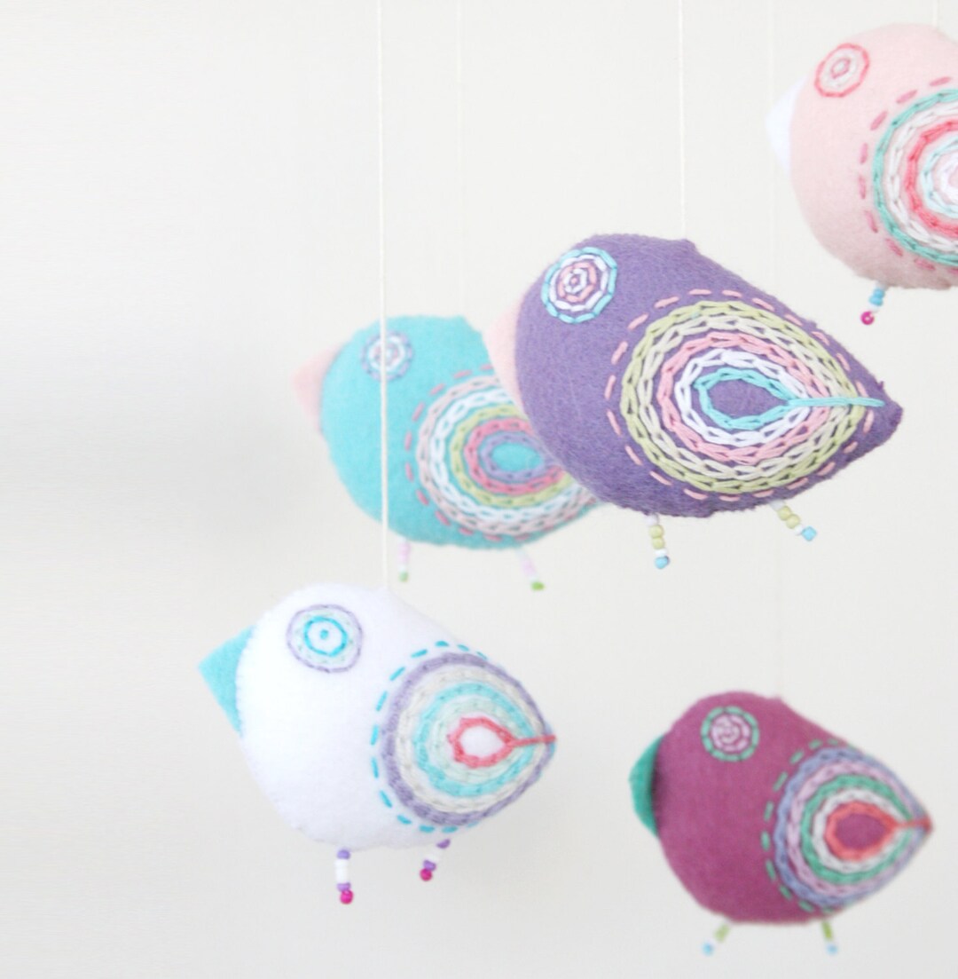Handmade Pastel Bird Mobile: Embroidered Nursery Decor - Etsy