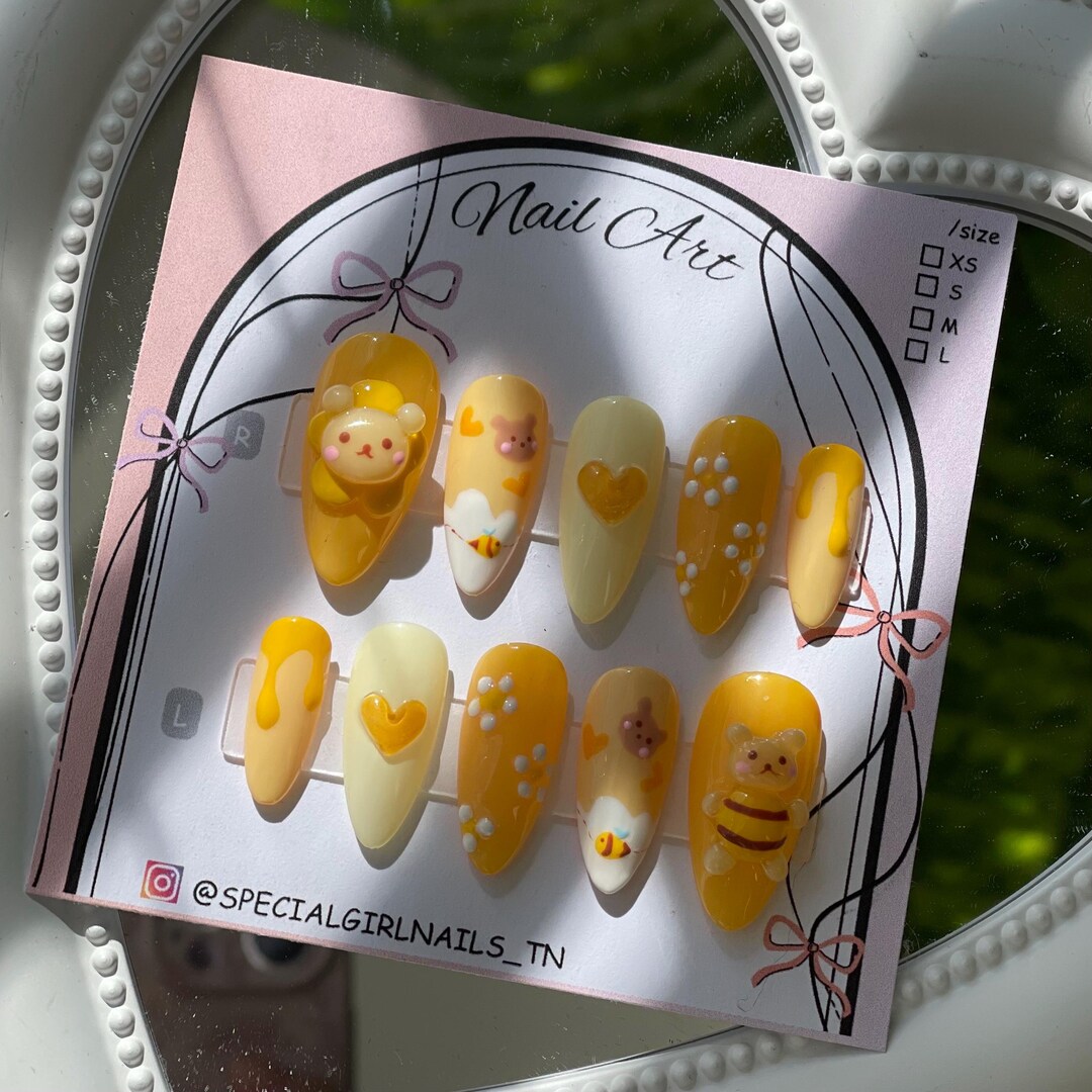 3D Honey Bee Press on Nails: Pastel Yellow Handmade Nail Art - Etsy