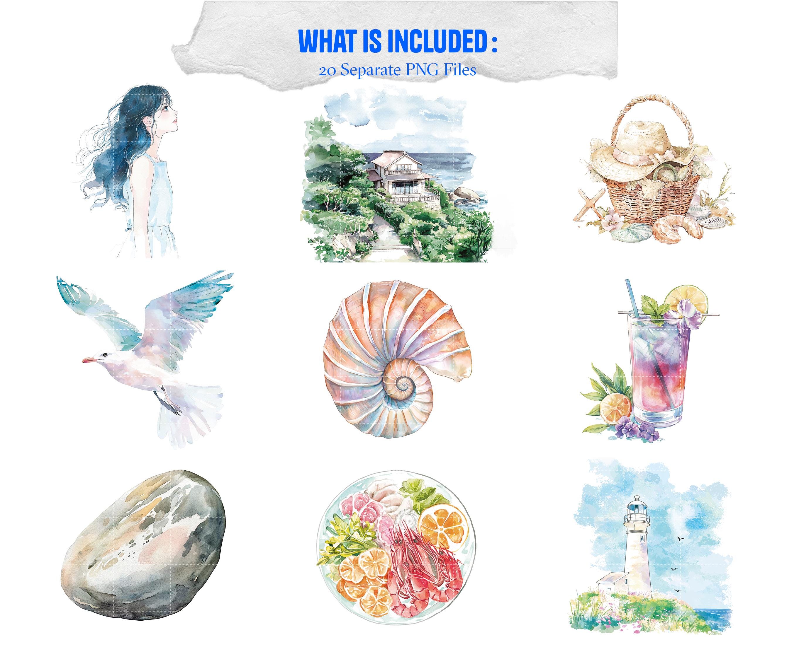 Watercolor Coastal Clipart Bundle, Nautical Graphics, Beach Clipart Set ...