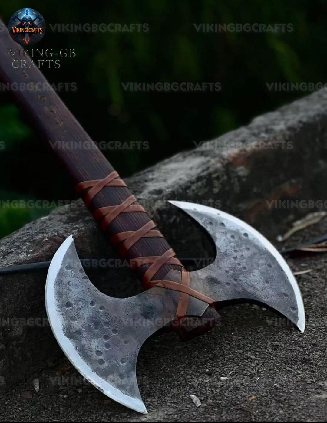 Custom DOUBLE HEADED AXE With Leather Sheath, Leather-wrapped Wooden ...