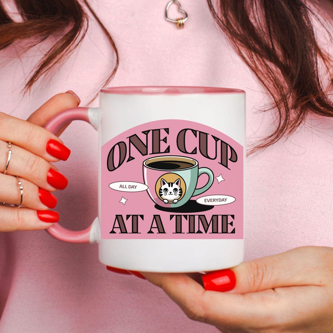 Retro Coffee Cat One Cup at a Time Two Tone Mug, Cat Design for Friend ...