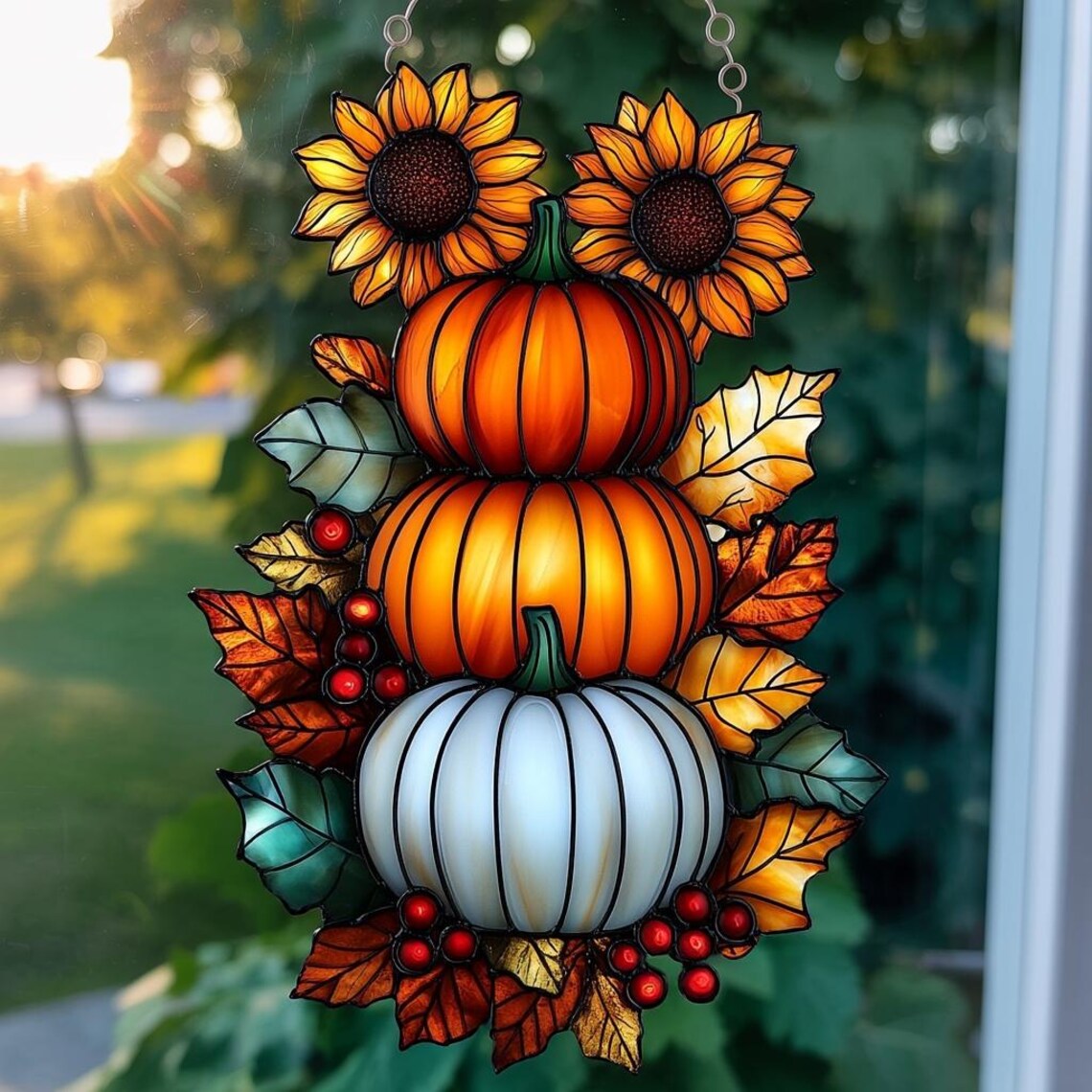 Stacked Pumpkins With Sunflowers Acrylic Faux Stained Glass Suncatcher ...