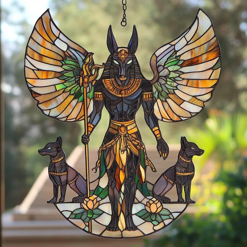 Winged Anubis Suncatcher - Egyptian God Stained Glass Window Decor ...