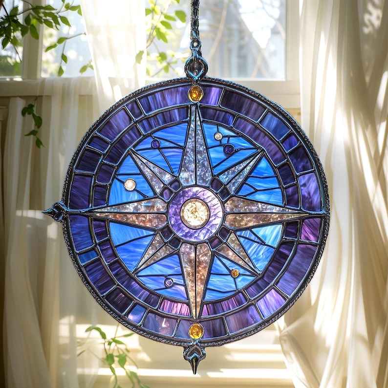 Celestial Compass Rose Suncatcher: Purple & Blue Acrylic Window Hanging ...