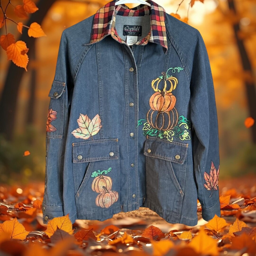 Upcycled Boho Women’s Denim Jacket With Hand Painted Pumpkins and ...