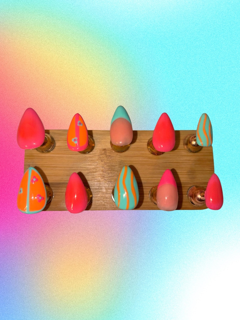 Custom Hand Painted | Reusable | Short Almond Surfboard Aura Summer Gel ...