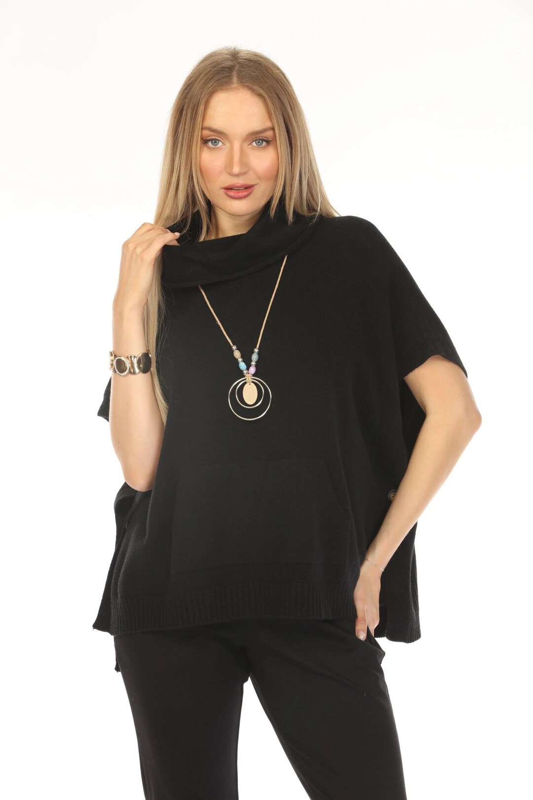 Black Mock Neck Pockets Cape Sweater - Etsy
