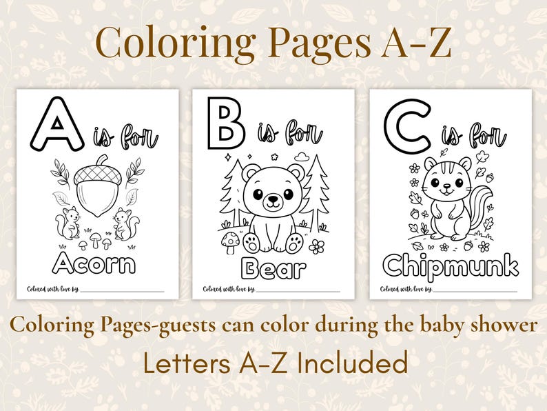 Woodland Baby Shower ABC Coloring Pages With Personalized Cover: A ...