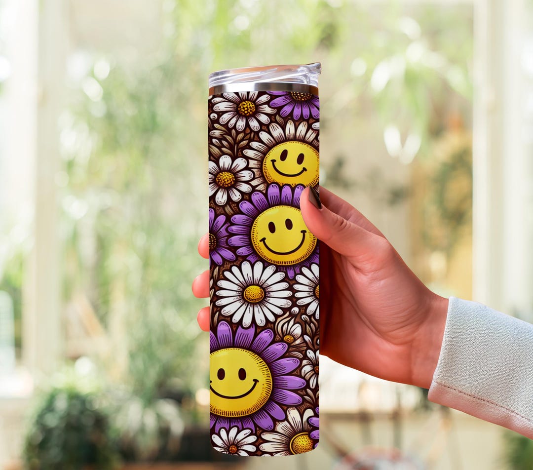 20oz Purple/white Daisy and Smiley Face Sublimation Tumbler Wrap File ...