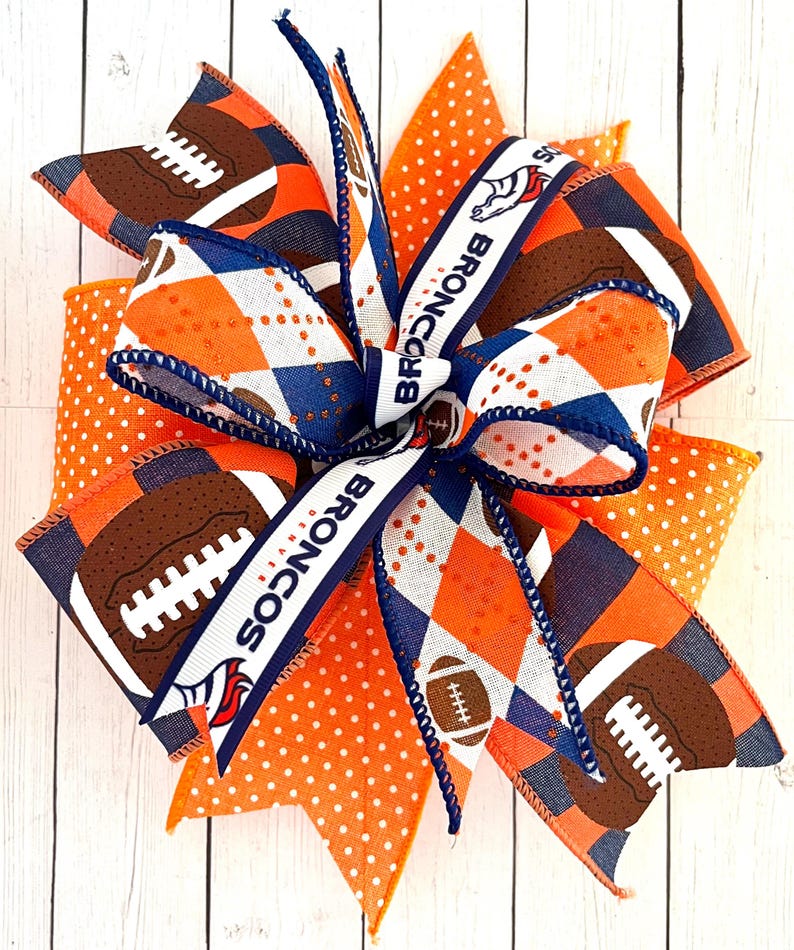 Denver Broncos Football Bow: Handmade Orange & Blue Wreath Decor - Etsy
