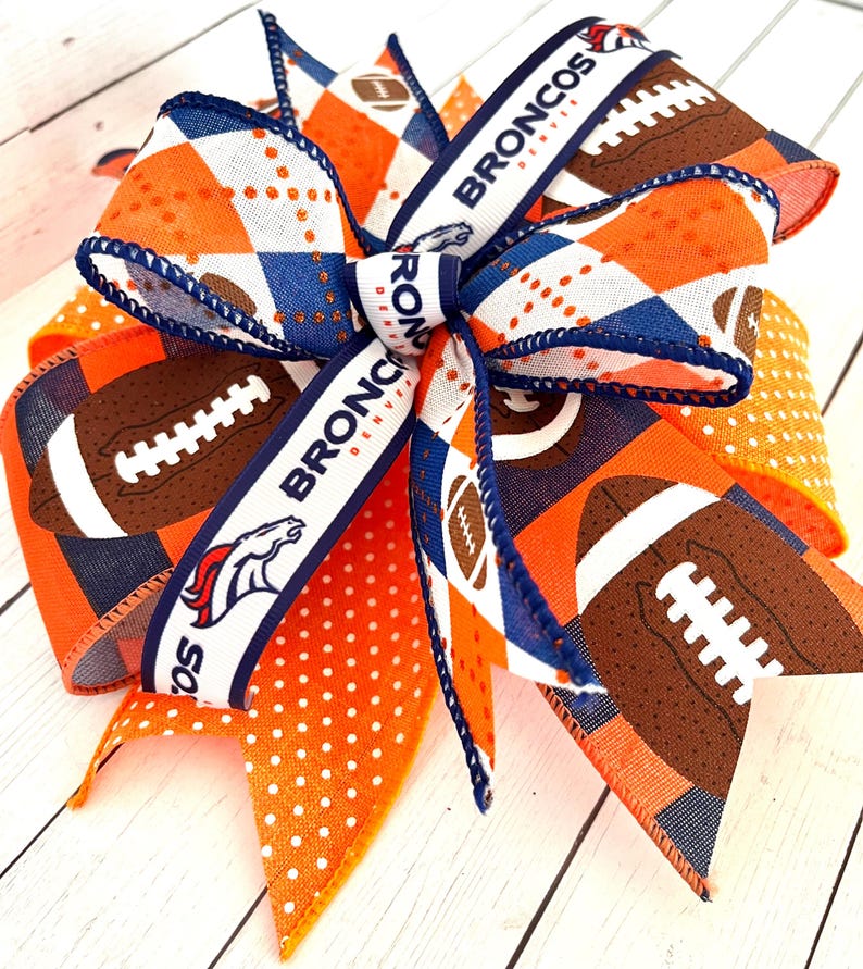 Denver Broncos Football Bow: Handmade Orange & Blue Wreath Decor - Etsy