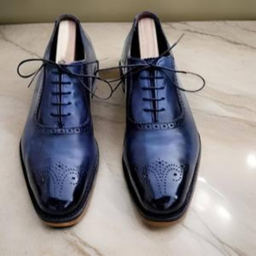 Handmade Leather Navy Blue Brogue Dress Shoes for Men - Etsy