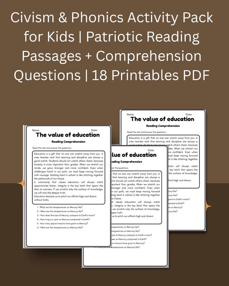 Civism & Phonics Activity Pack for Kids | Patriotic Reading Passages ...