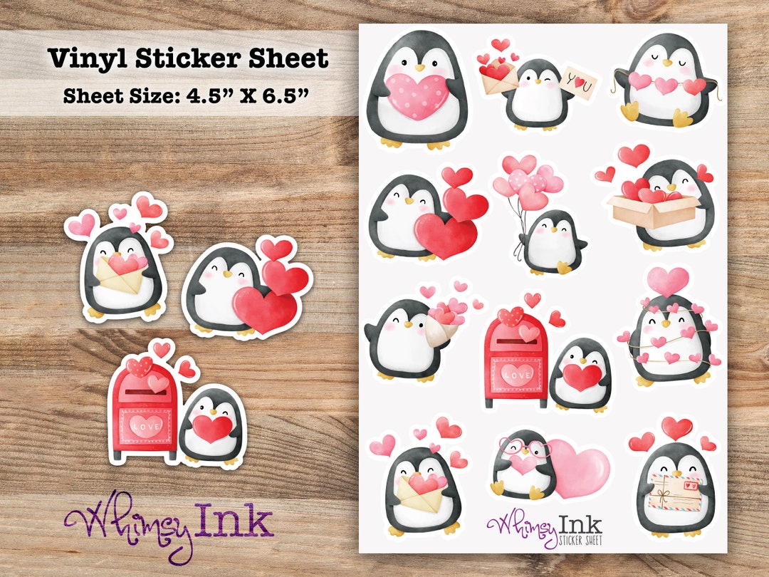 Valentine's Day Penguin Hearts Vinyl Sticker Sheet Great for Planners ...