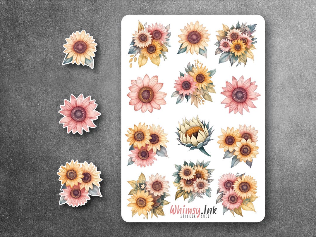 Yellow and Pink Sunflowers Vinyl Sticker Sheet Great for Planners ...